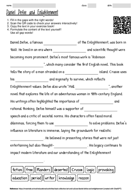 Worksheet with the topic "Daniel Defoe and Enlightenment" | MATERIALS.SCHOOL